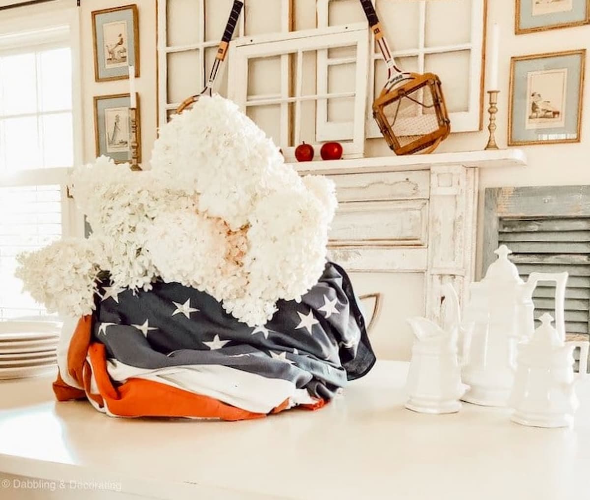 Vintage Tennis Rackets in Patriotic Decor | Dabbling & Decorating