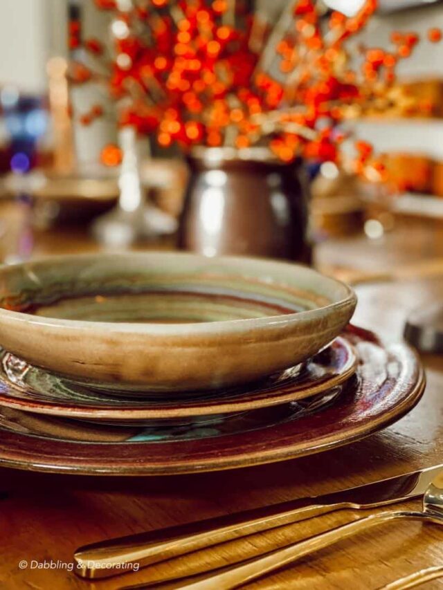 Moody Fall Table Setting with Handmade Pottery and Winterberries