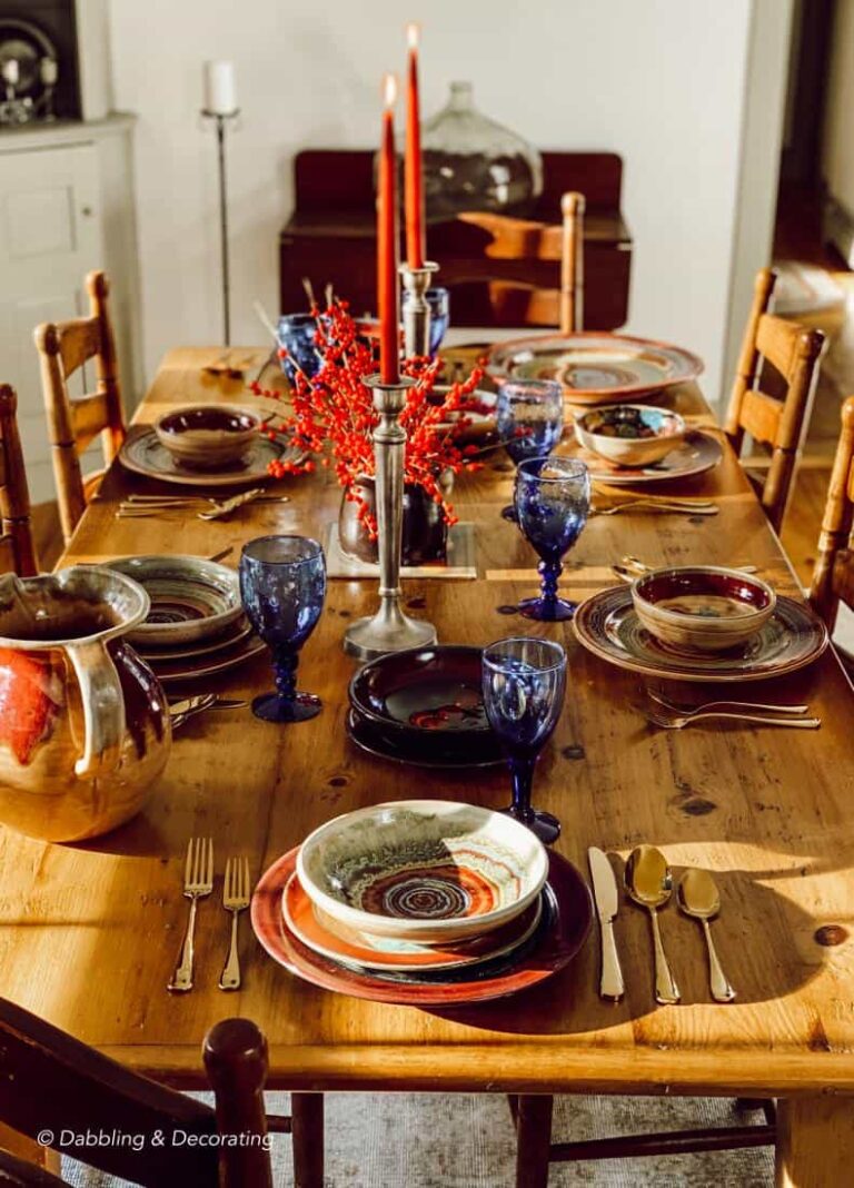 Moody Fall Table Setting with Handmade Pottery and Winterberries