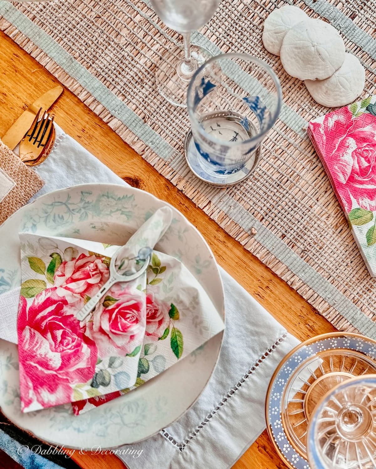 Vintage-Inspired Pink Table Setting with Thrifted Finds and Blue Decor