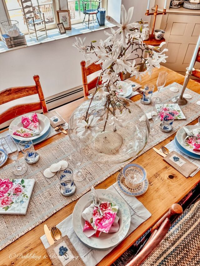 Vintage-Inspired Pink Table Setting with Thrifted Finds and Blue Decor