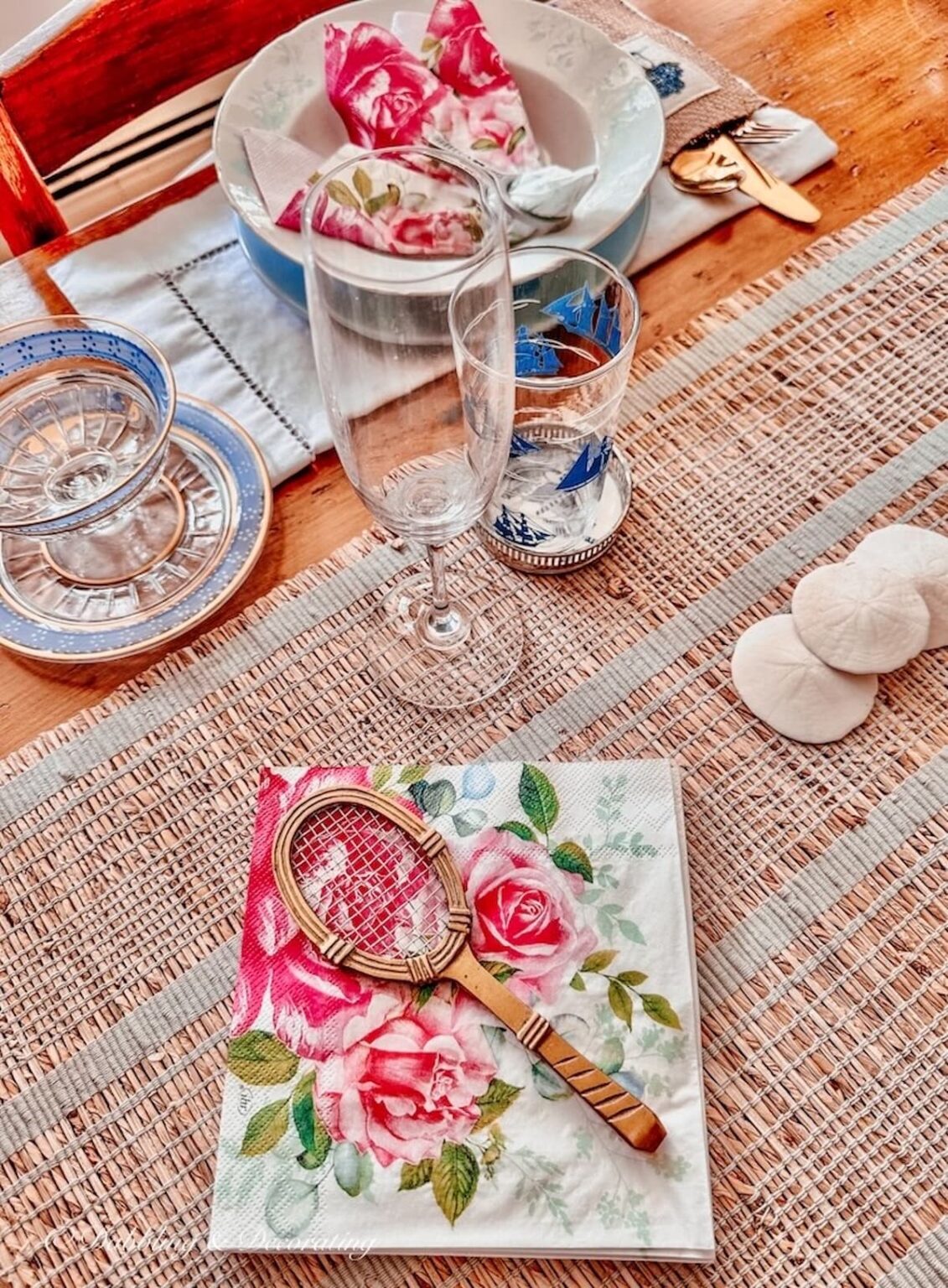Vintage-Inspired Pink Table Setting with Thrifted Finds and Blue Decor